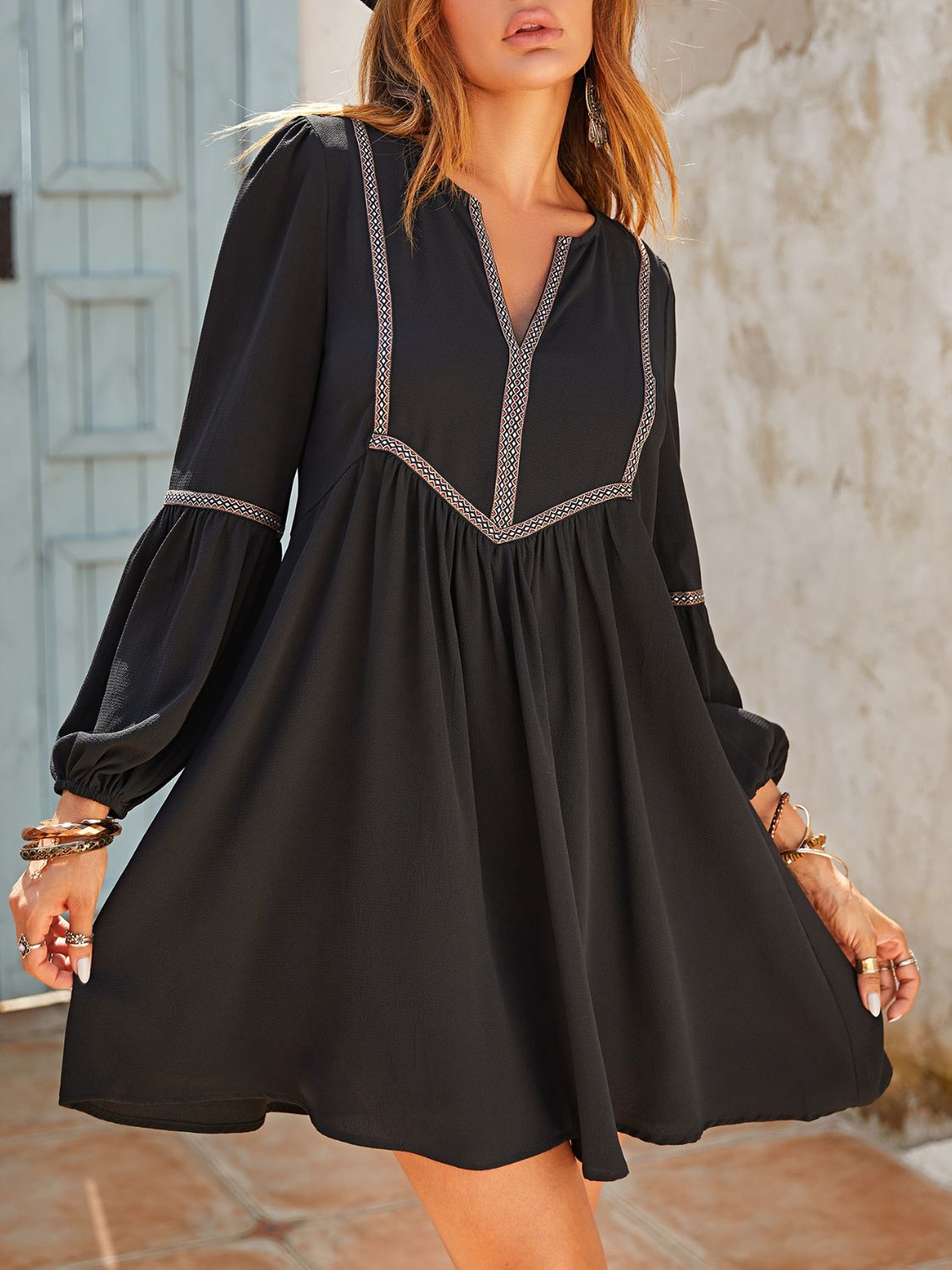 Ruched Notched Long Sleeve Mini Dress at Women’s Fashion Store – Be Juliet